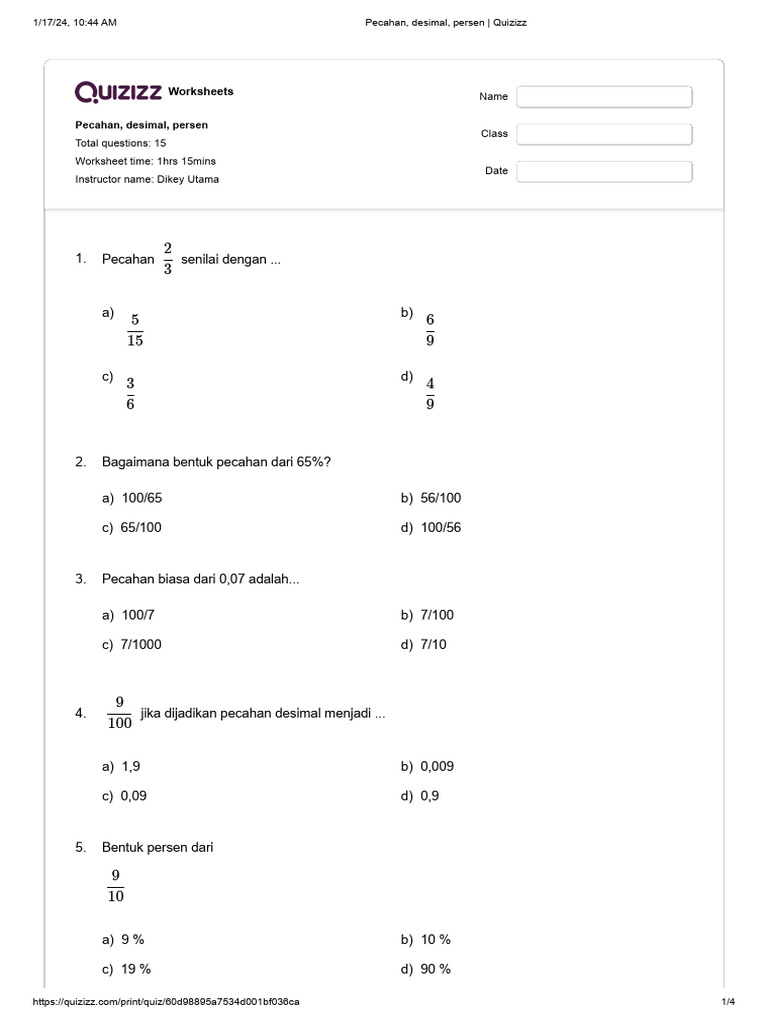 Pecahan, Desimal, Persen: Kuis dan Latihan | PDF
