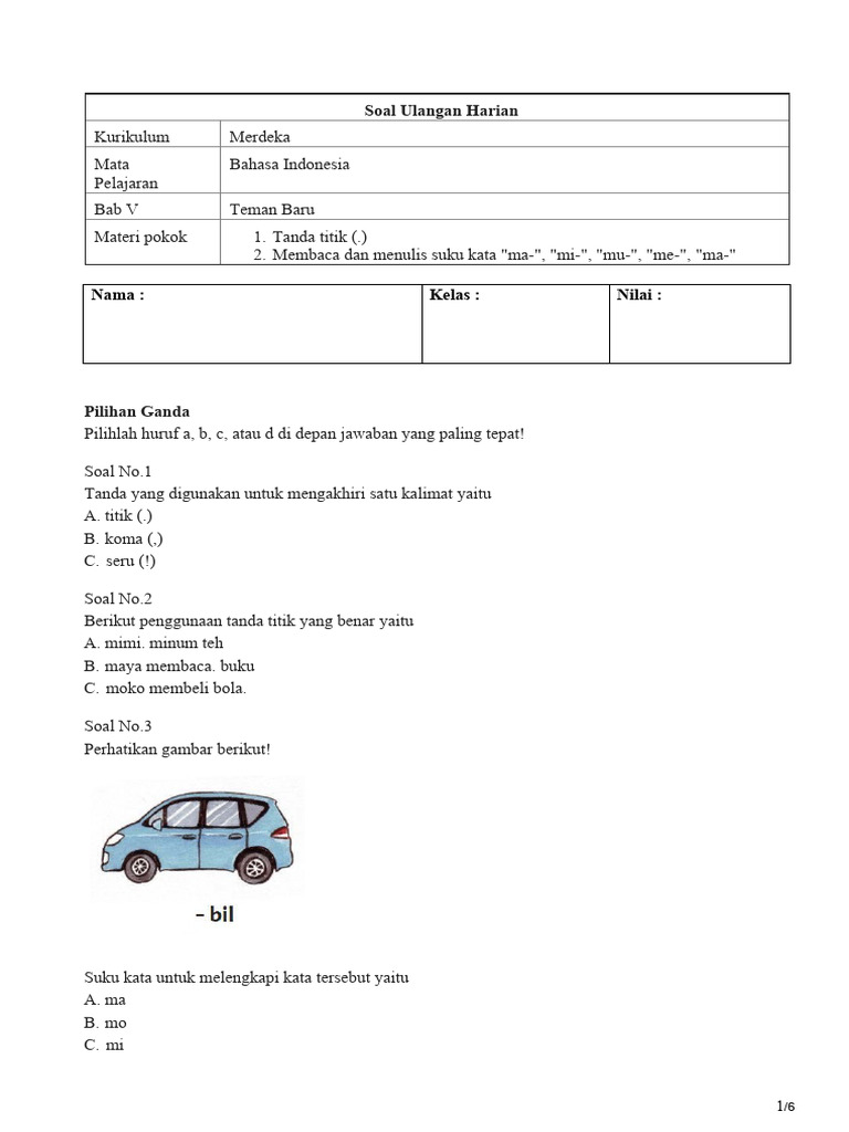 Soal Sumatif Harian Bab V Kls 1 | PDF