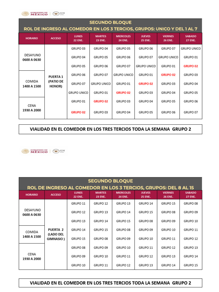 Rol Comedor 22-27 Ene | PDF