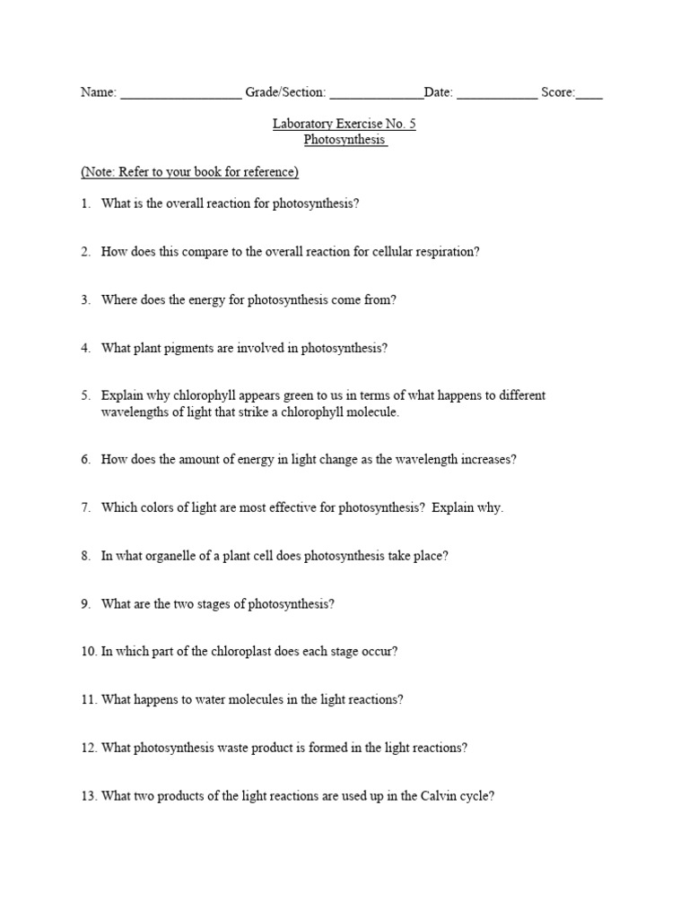 Photosynthesis Laboratory Exercise Guide | PDF | Self-Improvement ...