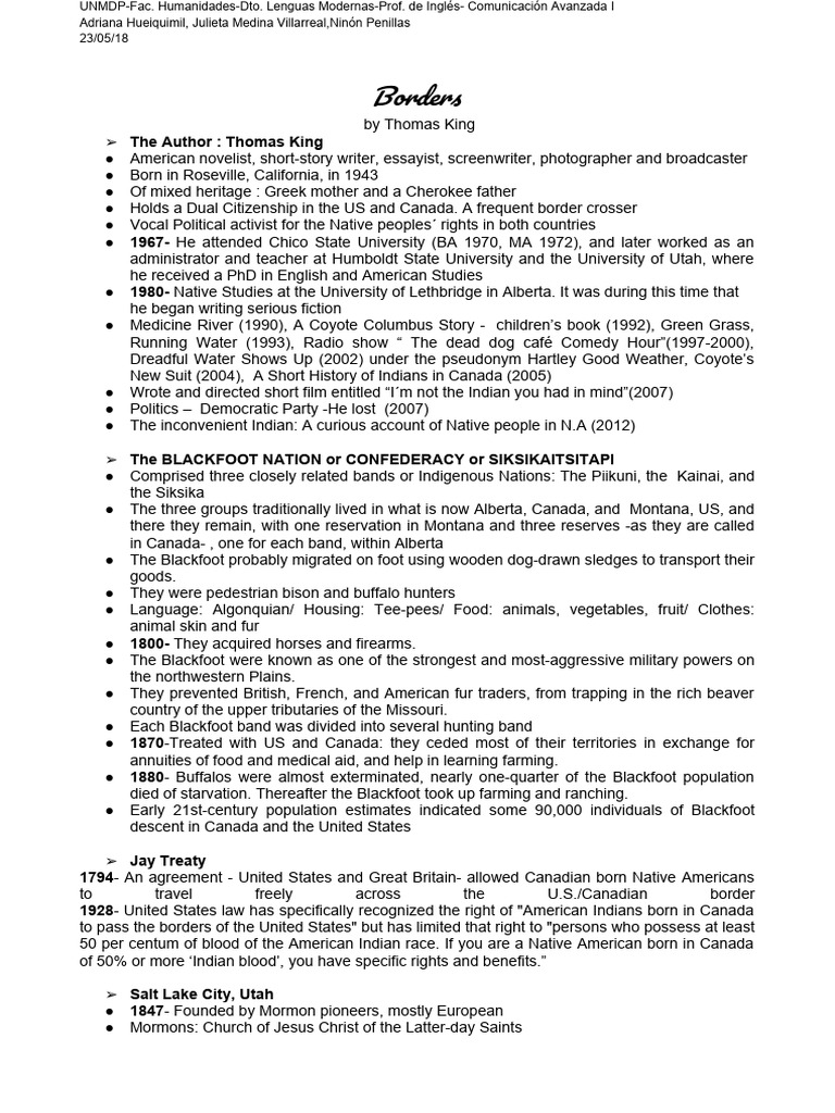 Borders Handout | PDF | Blackfoot Confederacy | Indigenous Peoples Of ...