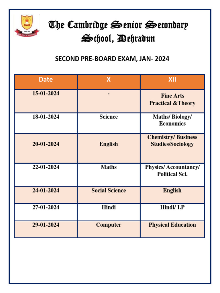 2nd Pre Boards Date Sheet | PDF