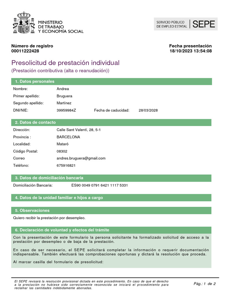 Solicitud Paro | PDF | Finanzas y dinero | Derecho