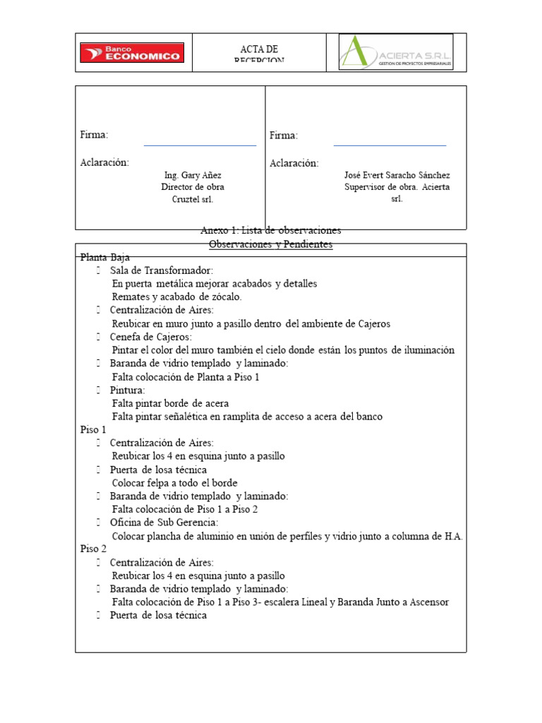 Acta de Recepcion Provicional - Agencia Quillacollo | PDF | Bienes manufacturados | Ingeniero civil