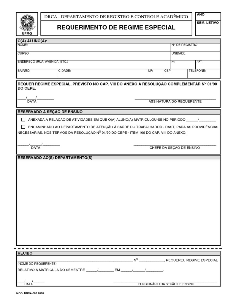 Requerimento de Regime Especial UFMG | PDF
