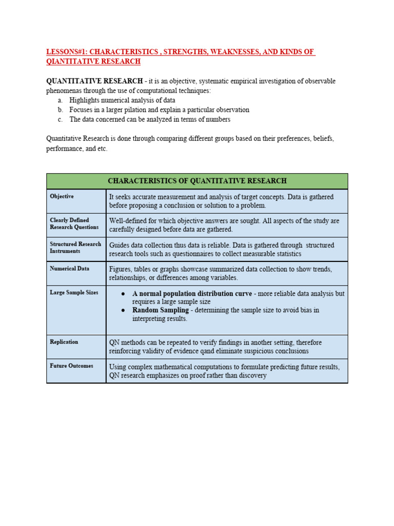 Lessons#1 - Characteristics, Strengths, Weaknesses, and Kinds of Qiantitative Research | PDF ...