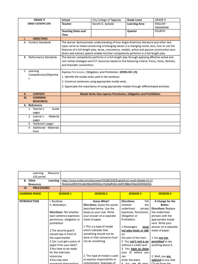 DLL Grade 9 | PDF | Verb | Learning