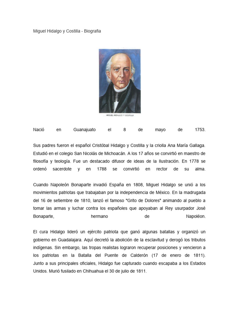 Biografía de Miguel Hidalgo y Costilla | PDF | Nueva españa | Imperio ...