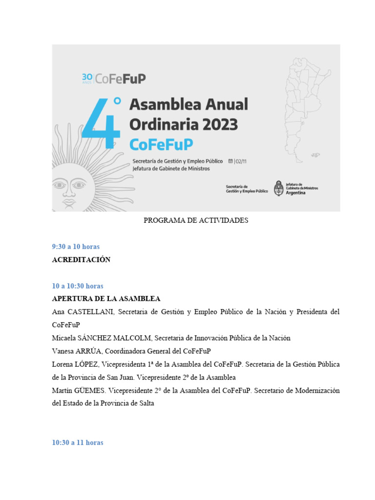 2023 - Asamblea 4 - Programa (Provisorio Con Horarios Al 26-10) | PDF | Gobierno