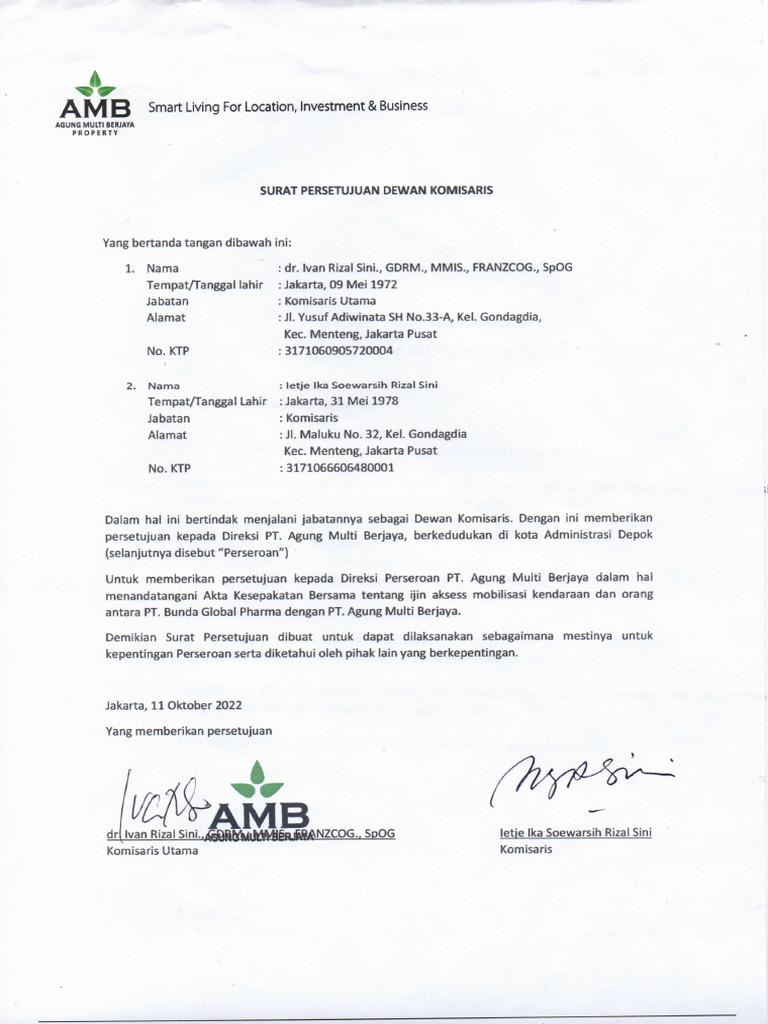Surat Persetujuan Komisaris AMB | PDF