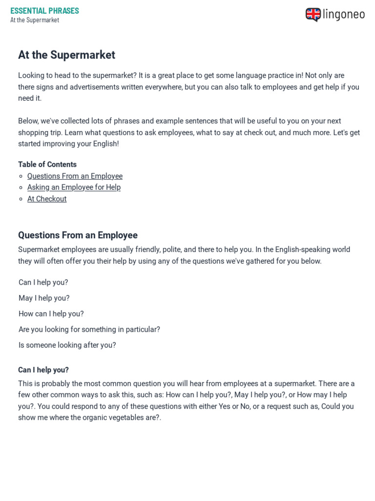 At The Supermarket - Phrases Full Article | Download Free PDF | Point ...