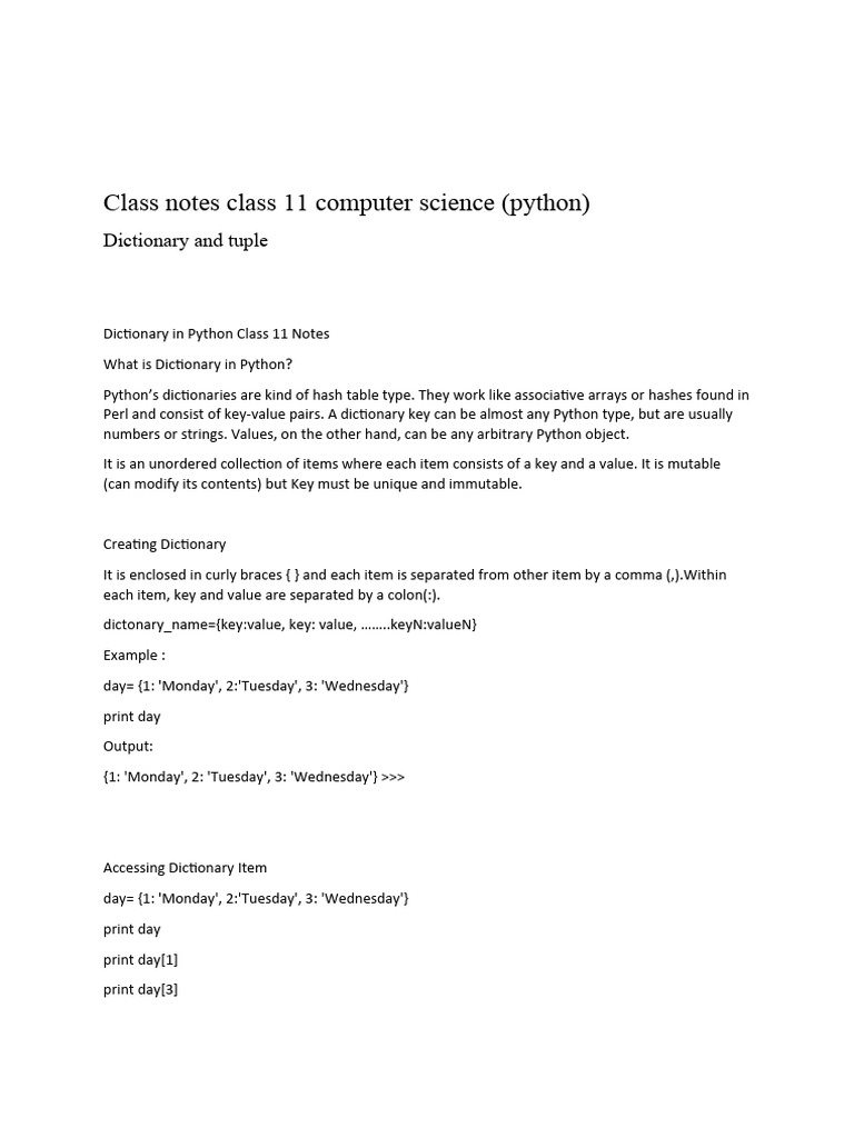 Class Notes Class 11 Computer Science (Dictionary and Tuple) | PDF ... Class Notes Class 11 Computer Science (Dictionary and Tuple) | PDF ...