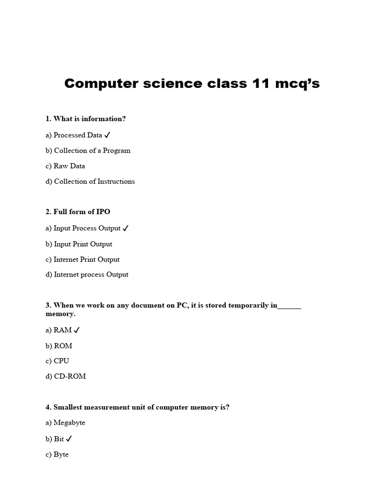 Computer Science Class 11 MCQ | PDF | Operating System | Programming