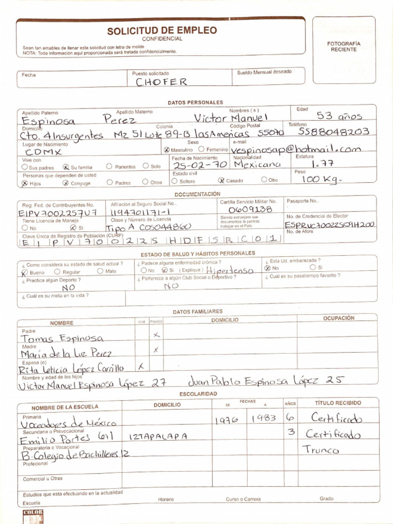 Solicitud de Empleo Victor Espinosa 10-Jan-2024 21-57-25 | PDF