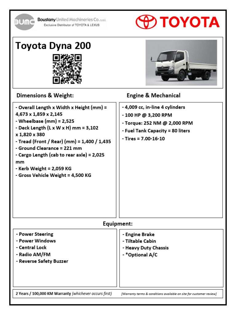 Toyota Dyna Specification Sheets | PDF | Truck | Private Transport