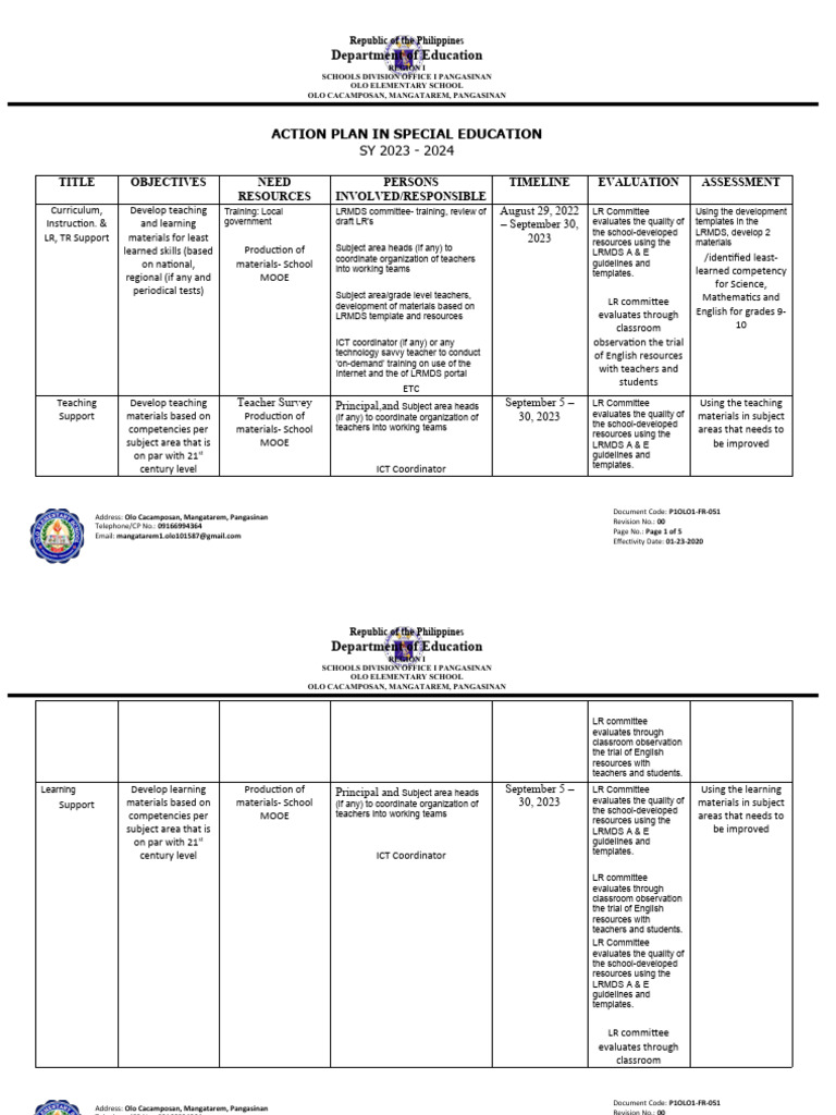 Action Plan in LR | PDF | Teachers | Special Education