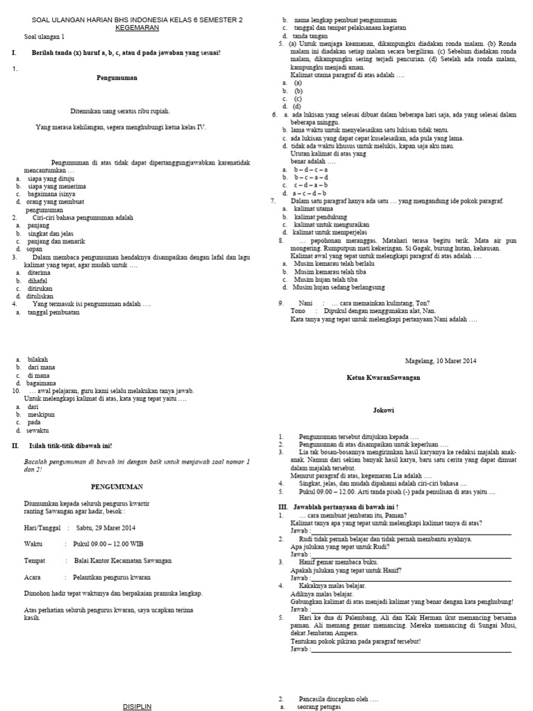 Soal Ulangan Harian BHS Indonesia Kelas 6 Semester 2 | PDF
