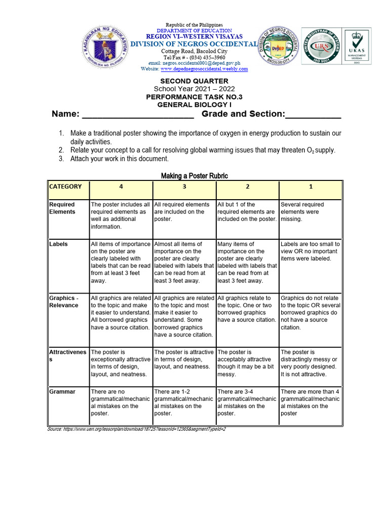 Performance Task 3 GenBio1 Q2 Importance of Oxygen in Cellular ...