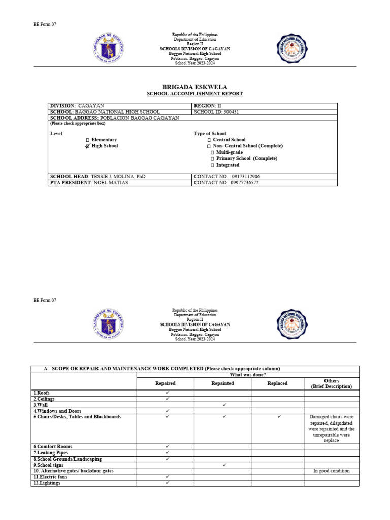 BE Form 7 SCHOOL ACCOMPLISHMENT REPORT 1 | PDF