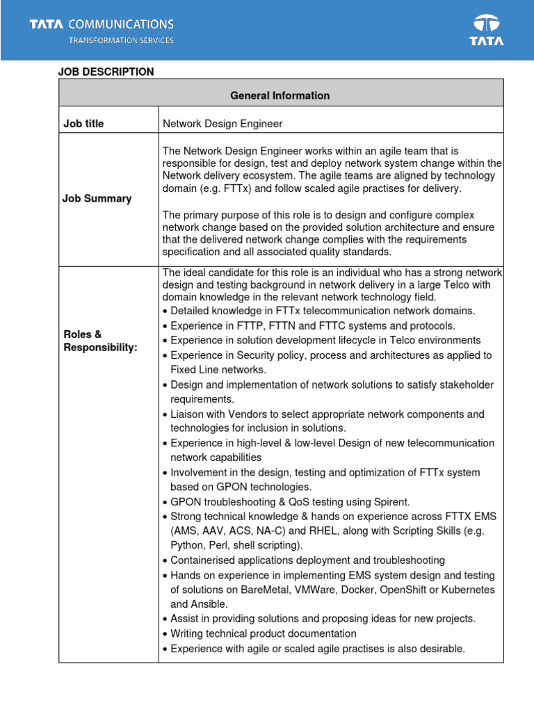 Network Design Engineer - JD - Updated | PDF | Fiber To The X | Agile ...