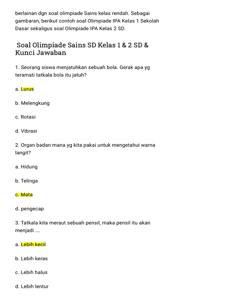 Soal Olimpiade Sains SD Kelas 1 Dan 2 SD - 1 | PDF