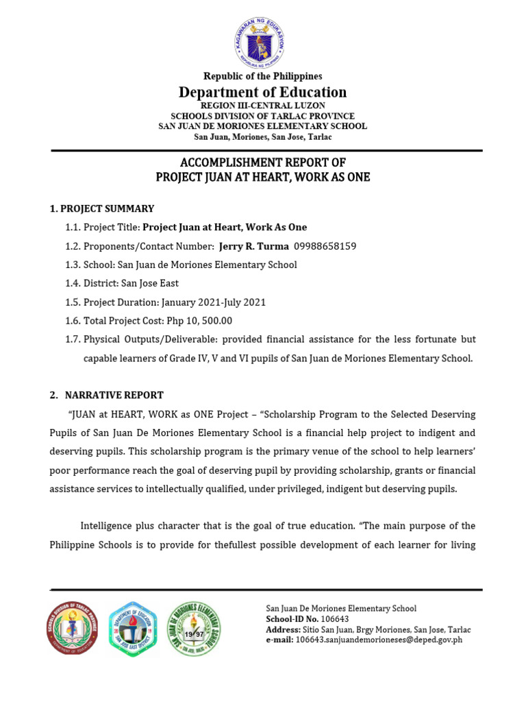 Accomplishment Report in Juan at Heart (Scholarship) | PDF | Learning | Behavior Modification