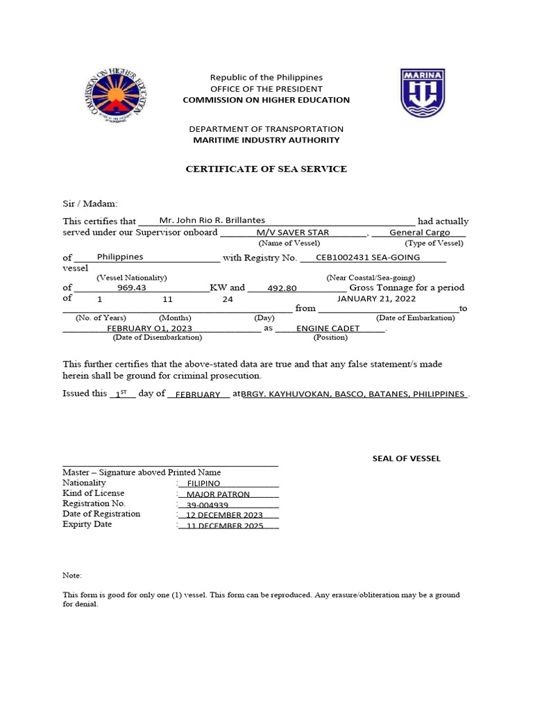 Certificate of Sea Service Template | PDF | Shipping | Water Transport