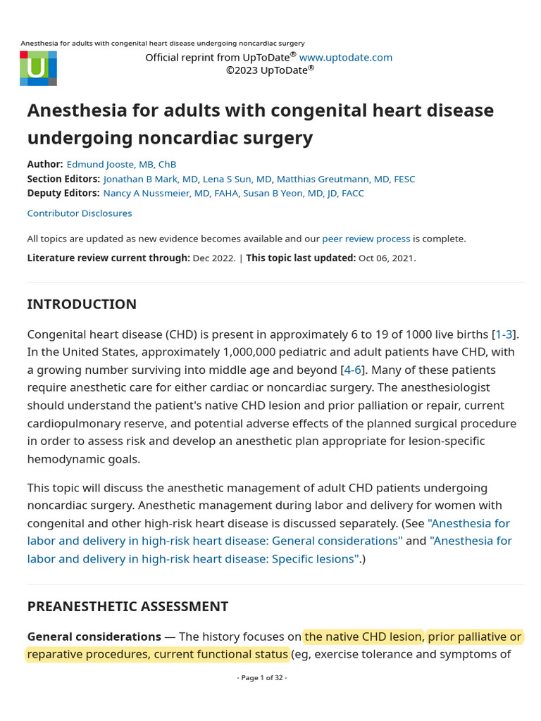 Anesthesia For Adults With Congenital Heart Disease Undergoing ...