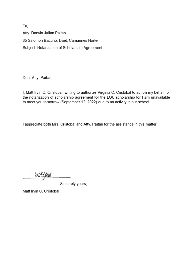Authorization for Notarization of Scholarship Agreement | PDF ...