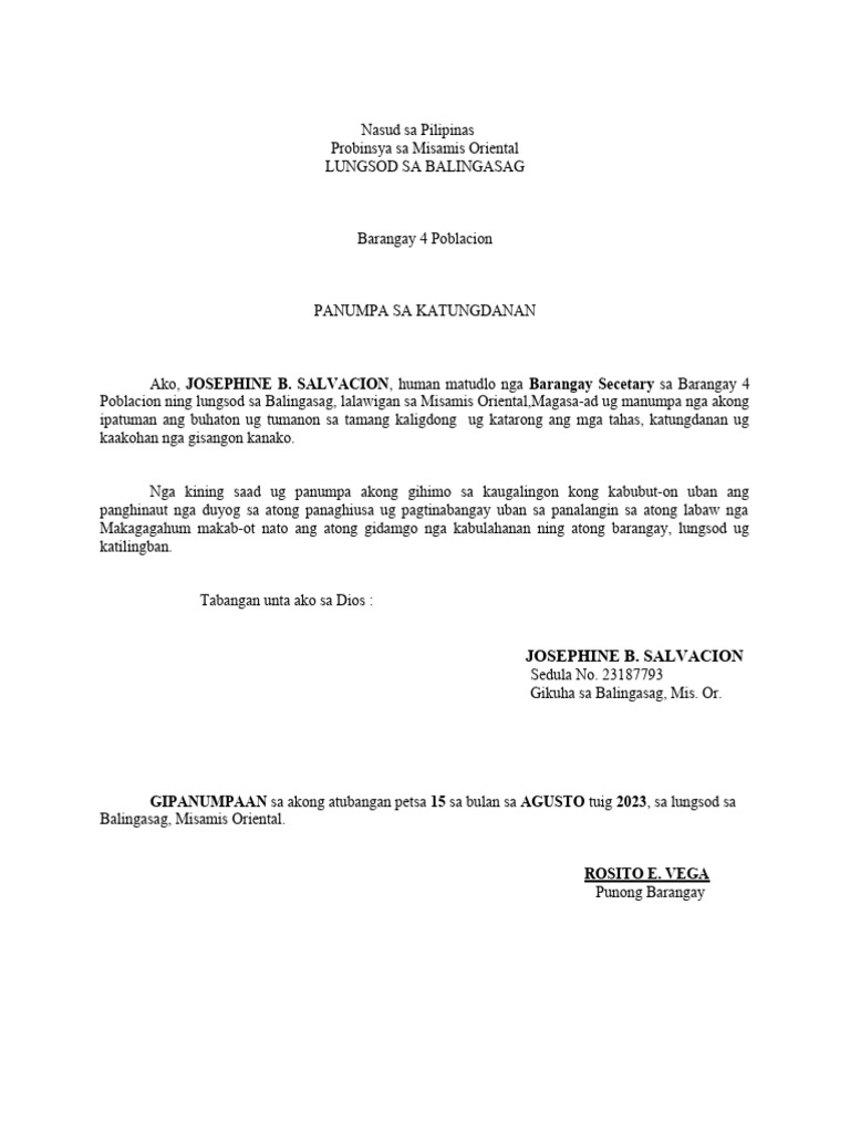 Panumpa Sa Katungdanan Form | PDF