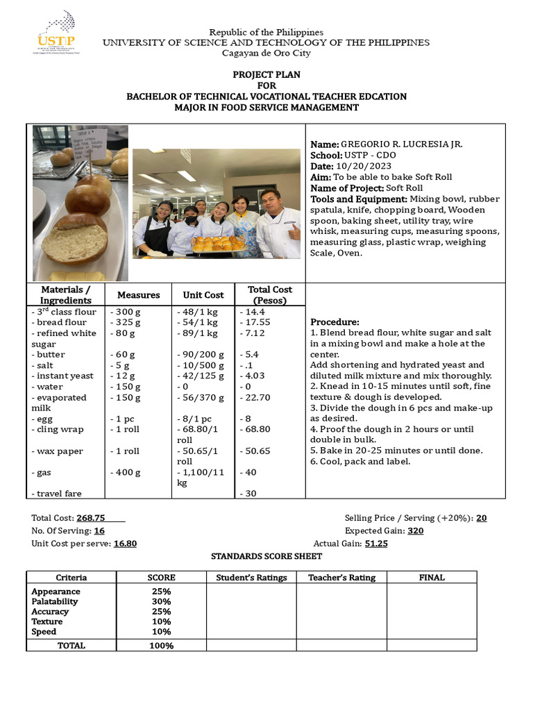 Lucresia Soft Roll Project Plan | PDF | Breads | Cooking
