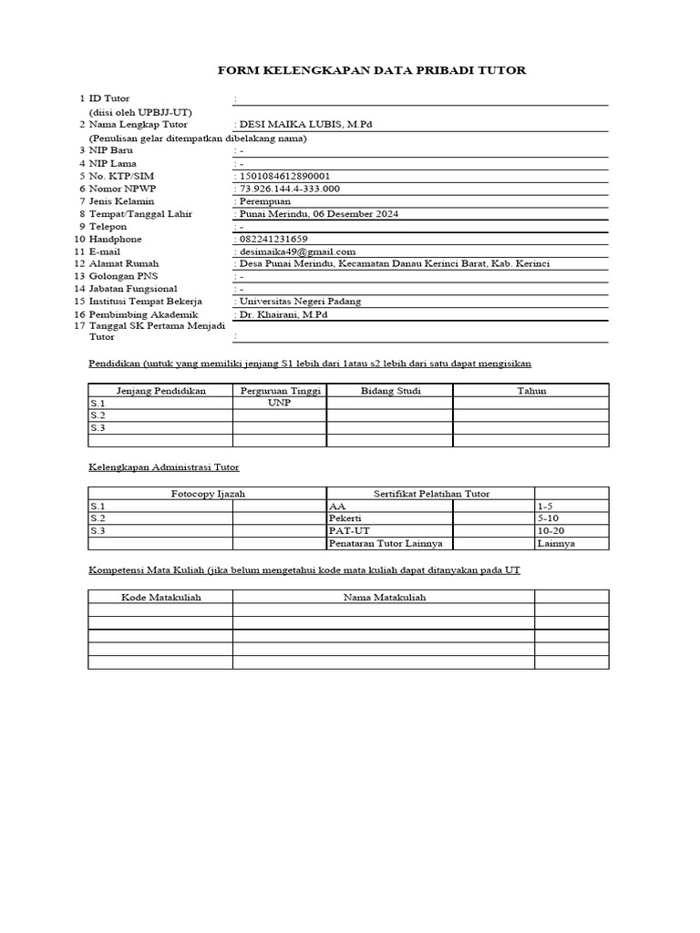 Formulir Data Pribadi Tutor UT | PDF