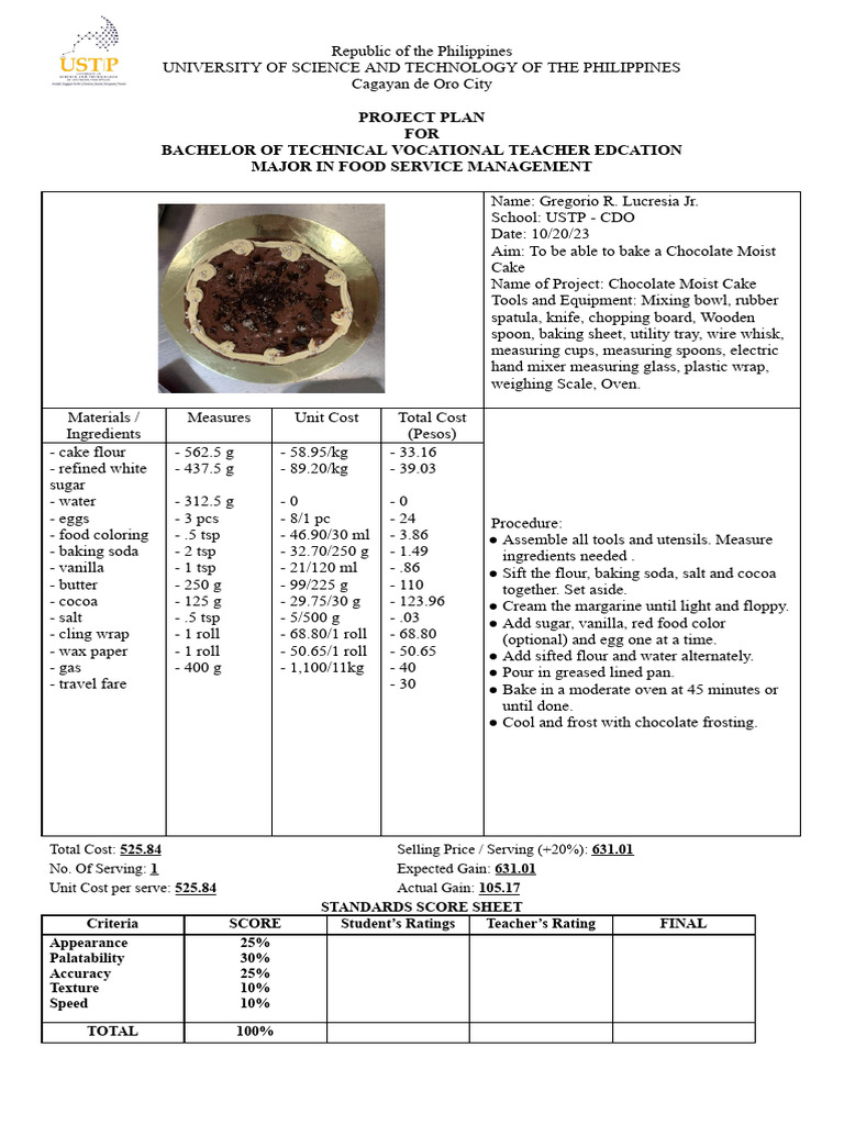 Choco Moist Project Plan Lucresia | PDF | Cakes | Baking