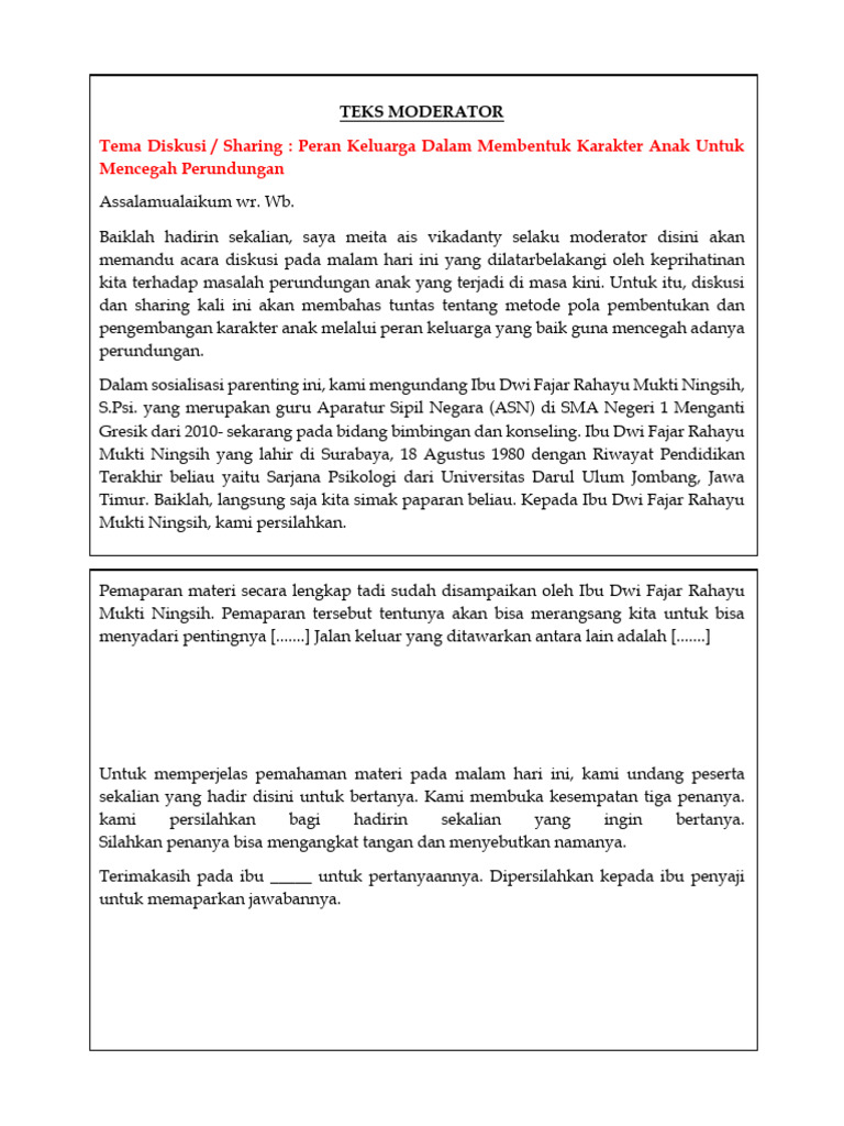 Teks Moderator Diskusi Parenting | PDF