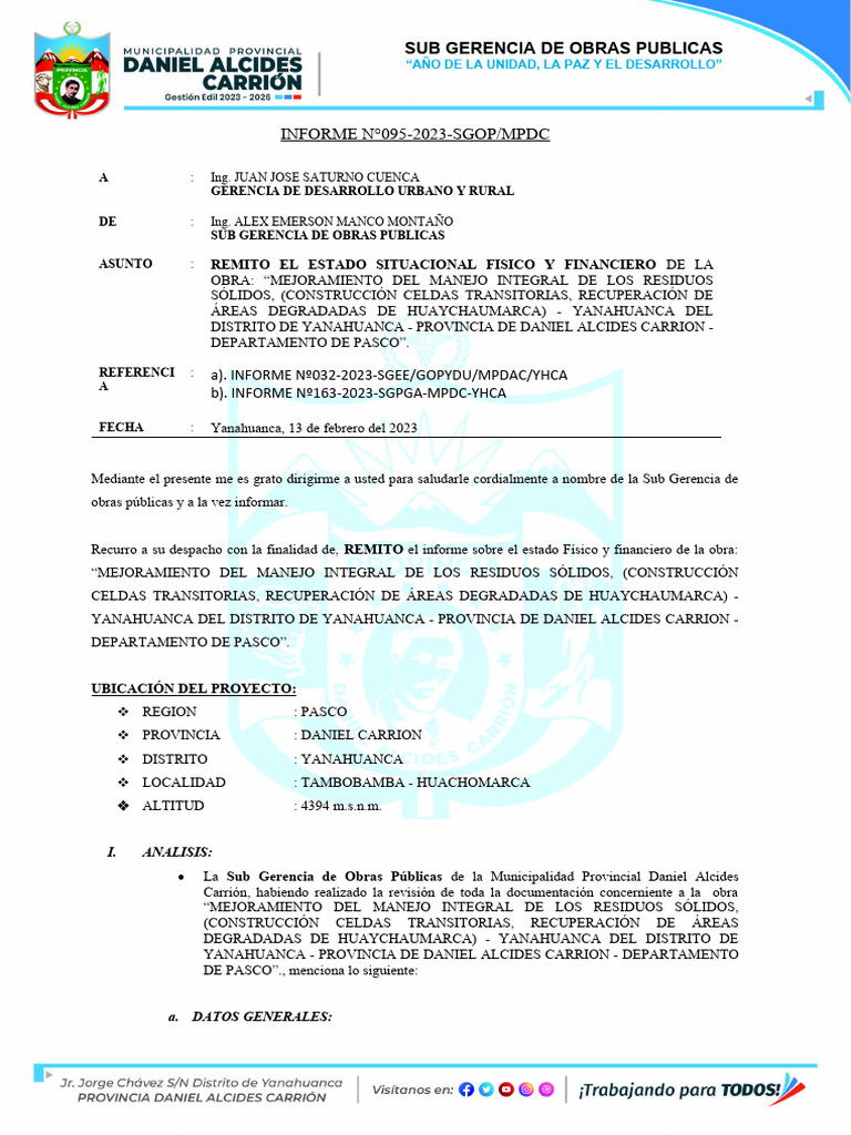 Informe N°095-2023-Sgop-Mpdc - Estado Situacional de Celdas Transitorias | PDF