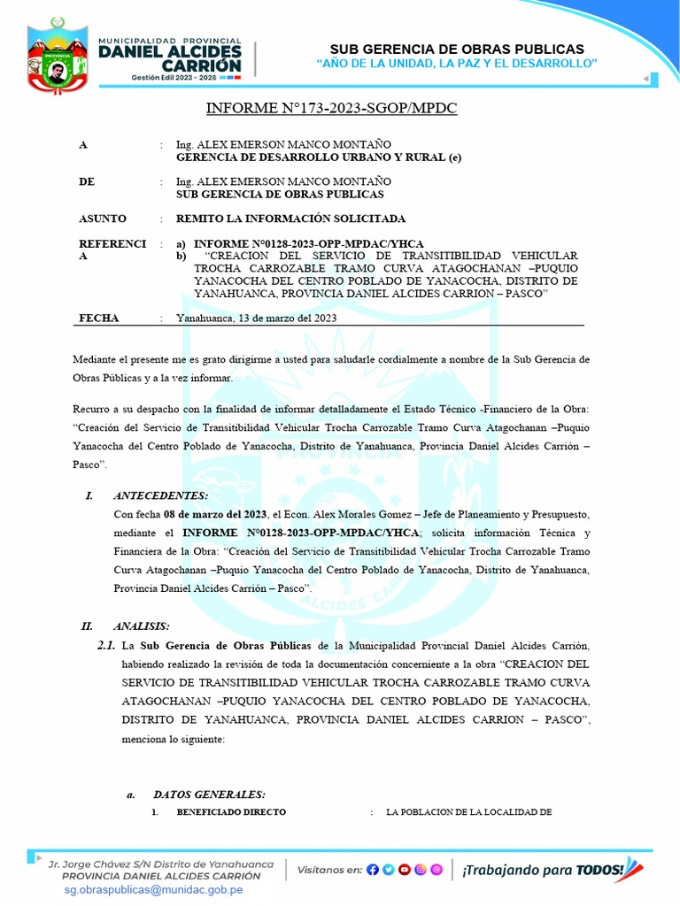 Informe N°173-2023-Sgop-Mpdc - Estado Situacional Fisico y Financiero de Yanacocha | PDF