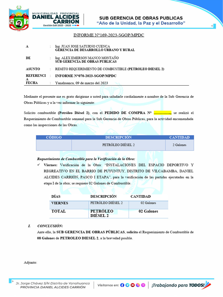 Informe N°169-2023-Sgop-Mpdc - Requerimiento de Combustible | PDF | Petróleo | Combustibles