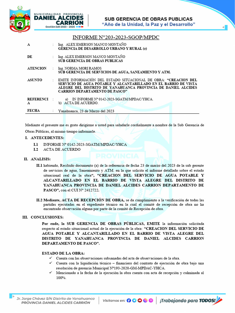 INFORME N°203-2023-SGOP/MPDC: "Año de La Unidad, La Paz y El Desarrollo" | PDF | Higiene ...