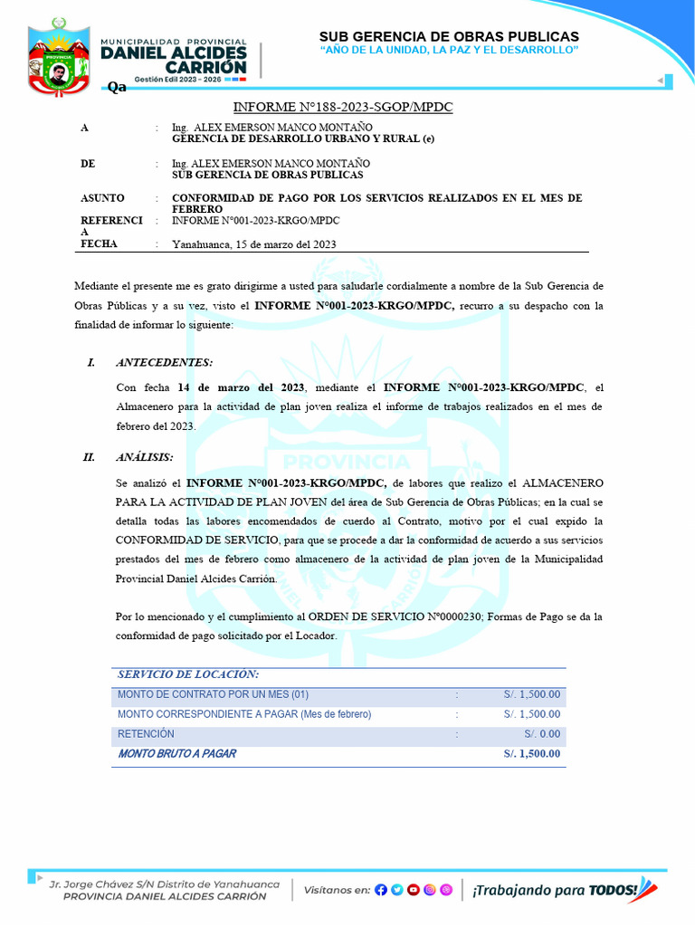 Informe N°188-2023-Sgop-Mpdc - Conformidad de Pago Por Los Servicios Realizados | PDF | Finanzas ...