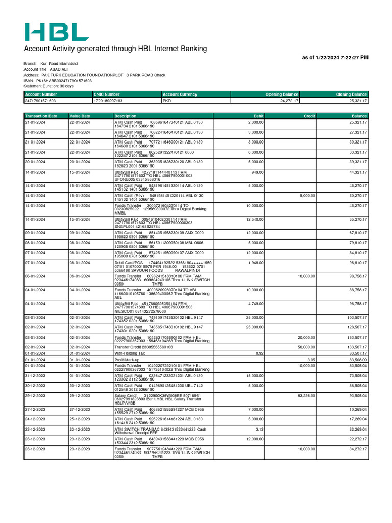 HBL Internet Banking Account Activity | PDF | Cash | Automated Teller ...