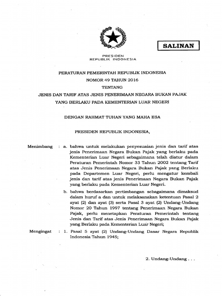 PP No 49-2016-Jenis Dan Tarif PNBP Kemlu | PDF | Hukum