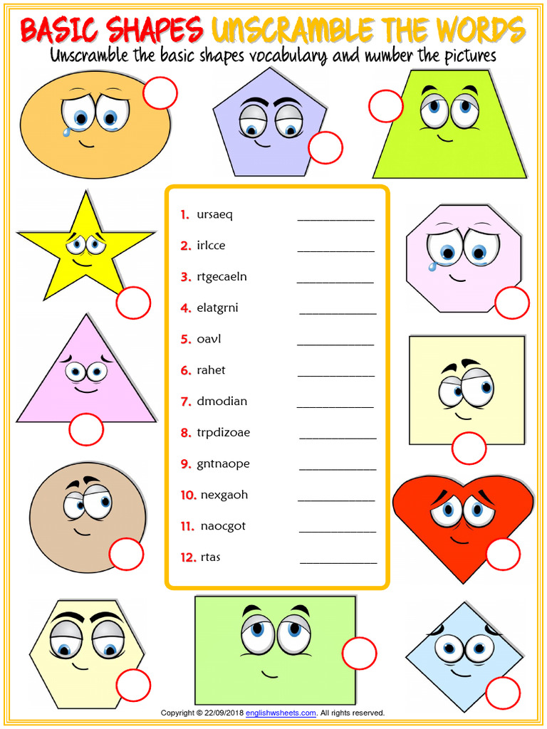 Shapes Vocabulary Esl Unscramble The Words Worksheet For Kids | PDF ...