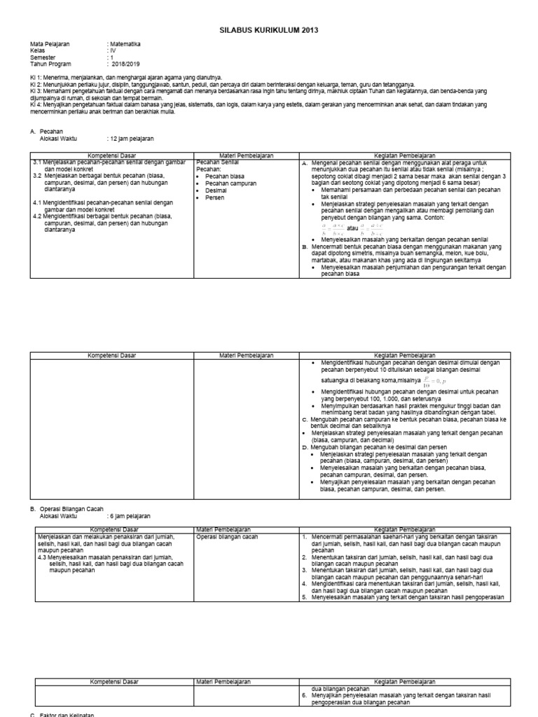 Silabus Matematika Kelas 4 Semester 1 | PDF