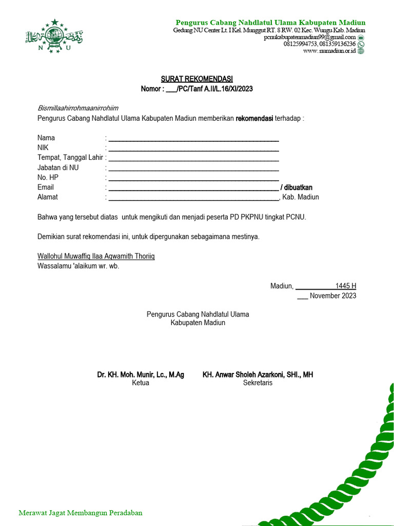 MWC 01. Rekomendasi & Formulir Pendaftaran Mengikuti PD PKPNU Tingkat PCNU 2023 | PDF