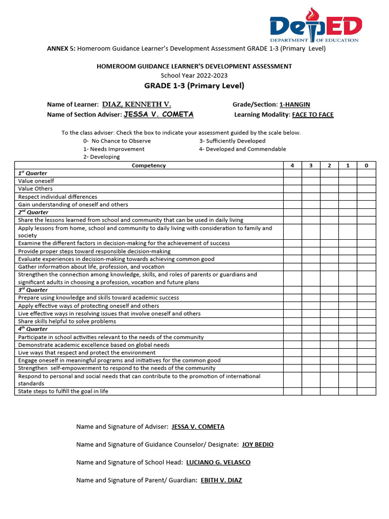 Homeroom Guidance Assessment Grades 1-3 | PDF | Learning | Decision Making