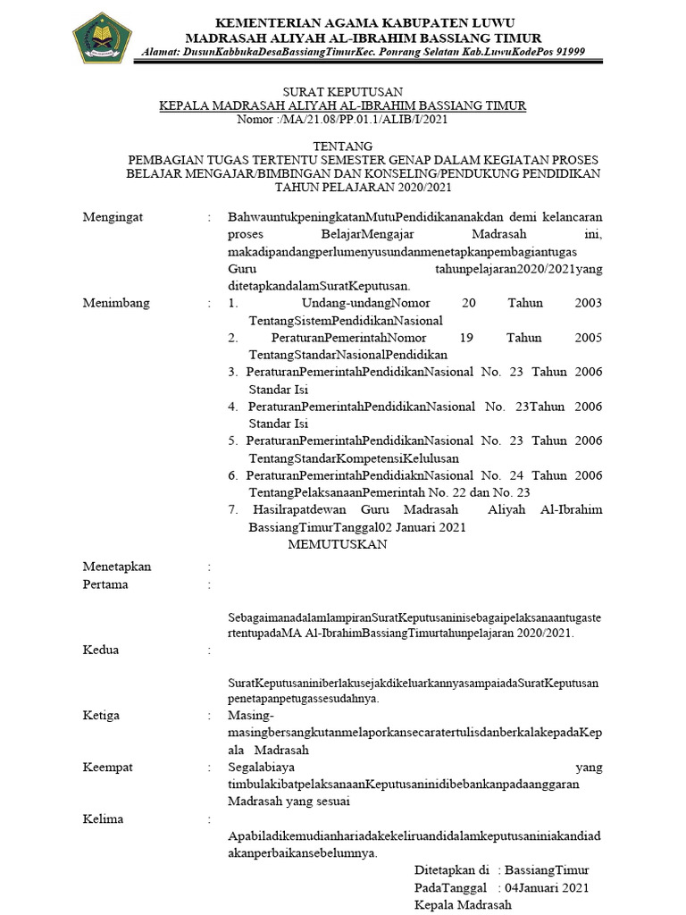 Pembagian Tugas Guru MA Al-Ibrahim 2021 | PDF