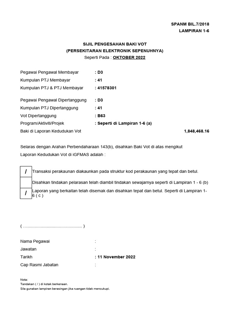 10-Sijil Pengesahan Baki Vot Dana | PDF
