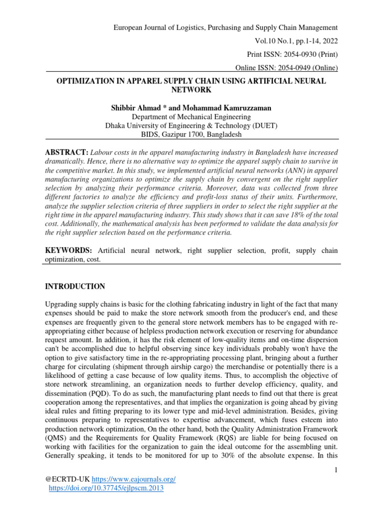 Optimization In Apparel Supply Chain Using Artificial Neural Network Pdf Supply Chain