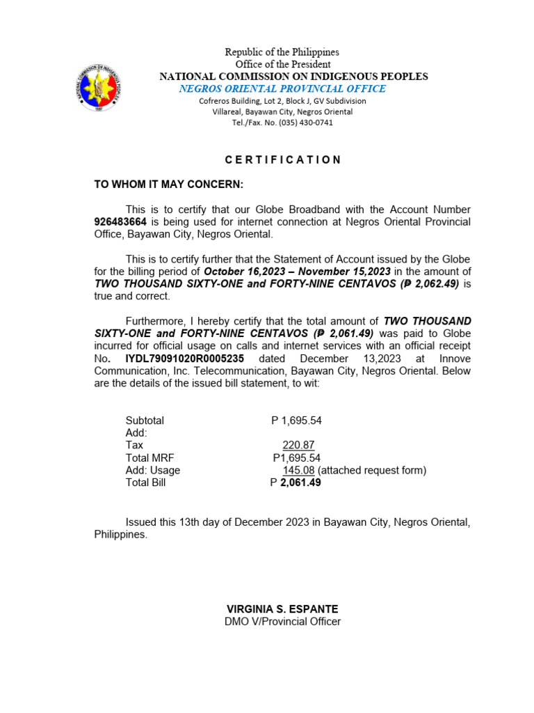 2019 Cert For Globe Subscription | PDF | Audit | Fee