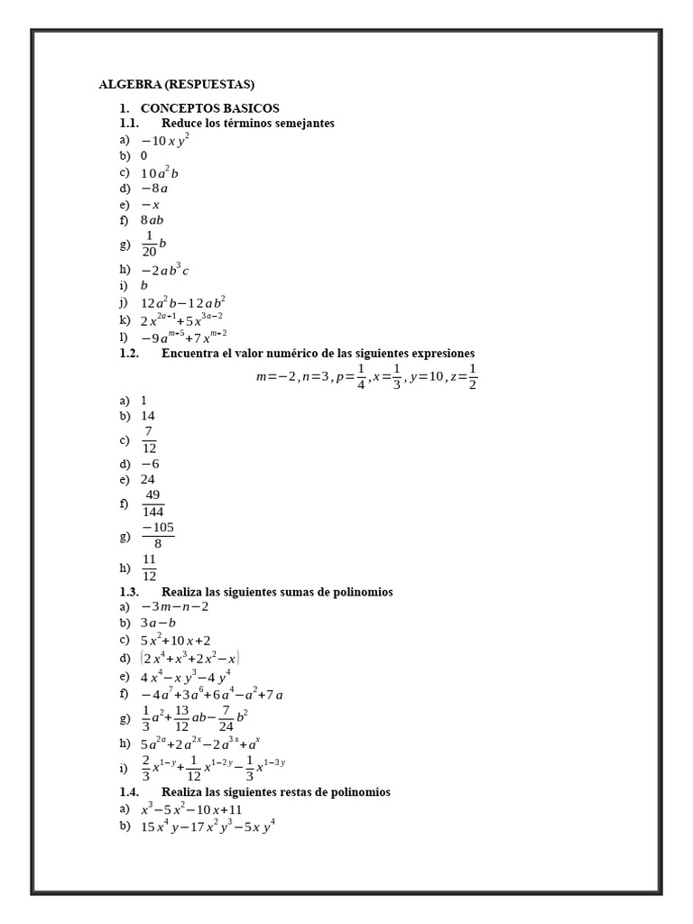 RESPUESTAS DE EJERCICIOS PARTE 1 | PDF | Álgebra | Álgebra abstracta